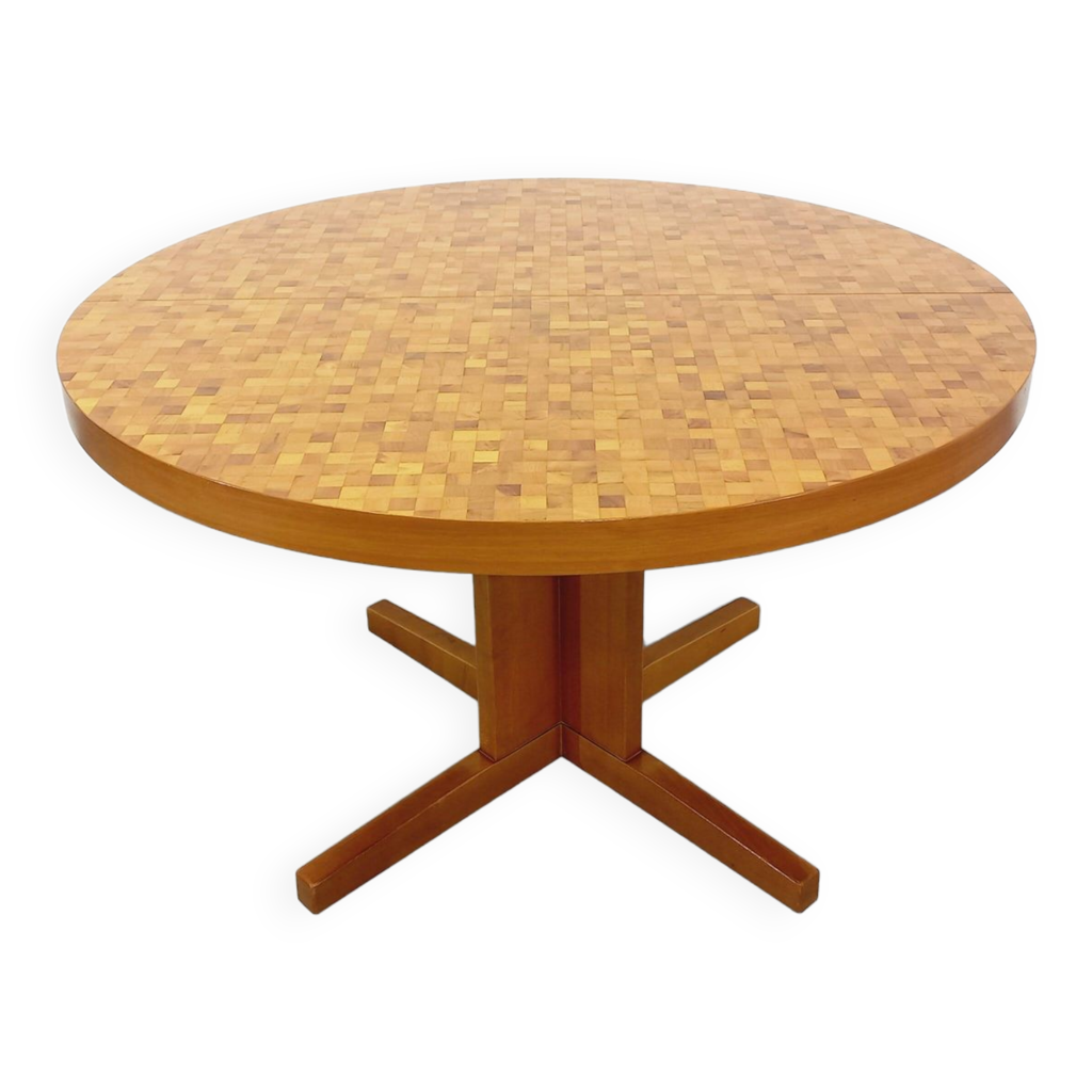 Vintage round dining table from the 60s 70s in solid wood mosaic teak and walnut with extension ...