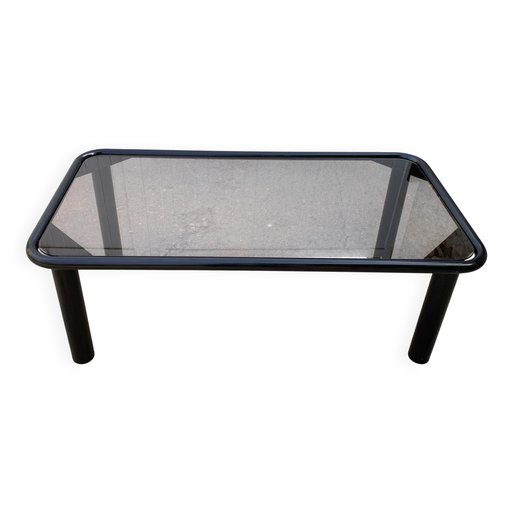 Table basse en tubulaire noire et verre fumé Yves Boutboul, 1980 | Selency