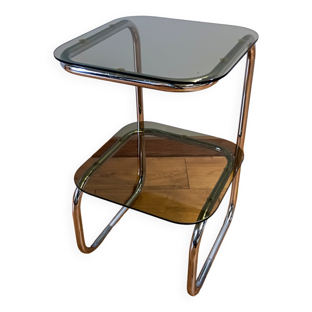 Table d'appoint, bout de canapé style Bauhaus années 70. Métal chromé et verre fumé | Selency