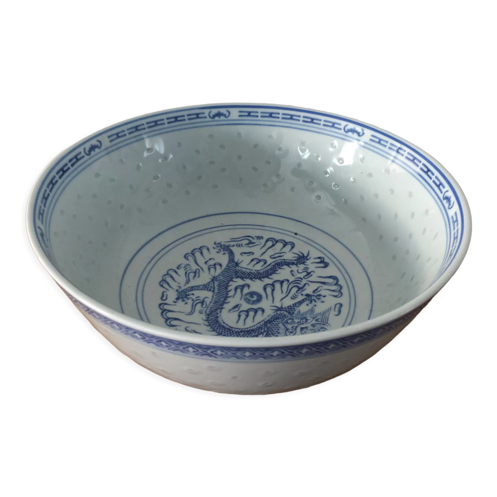 Saladier chinois, décors authentiques bleus avec gravure grains de riz ...