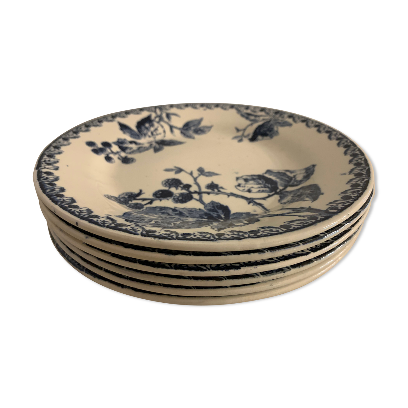 Série De 6 Assiettes Plates Anciennes En Faïence Bleue De Gien Terre De