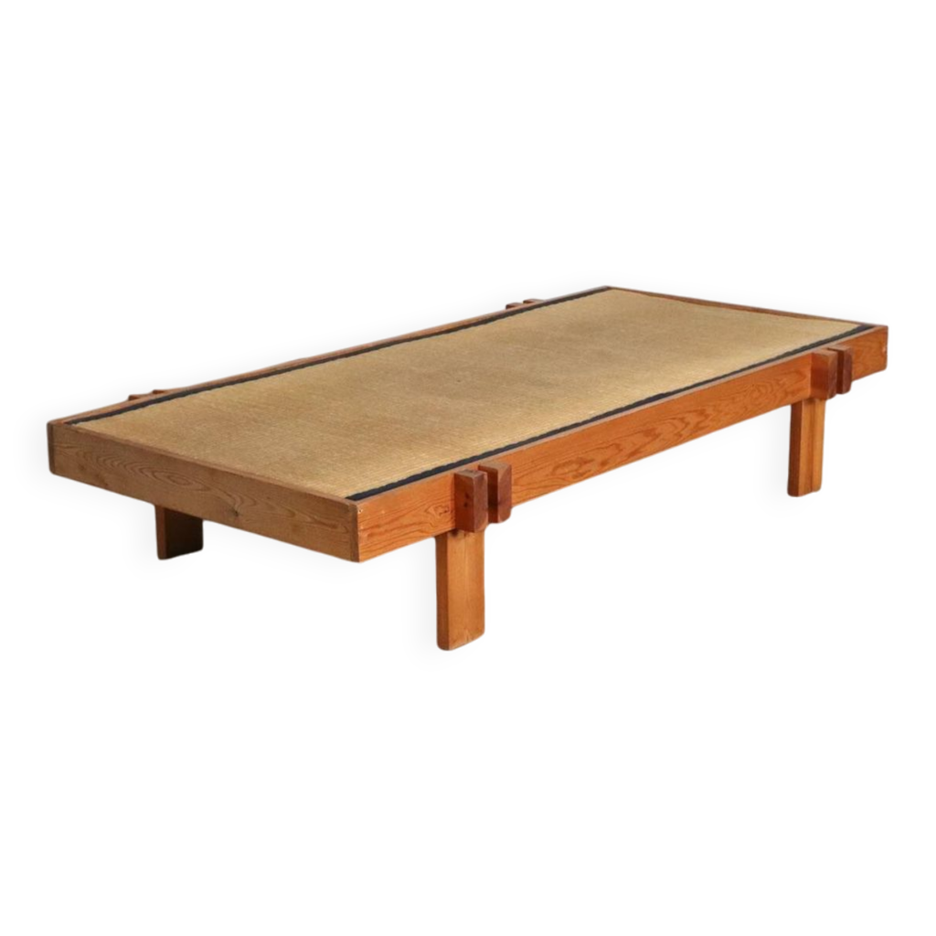 Table basse japonaise vintage en bois et jonc de mer, Japon, 1960 | Selency
