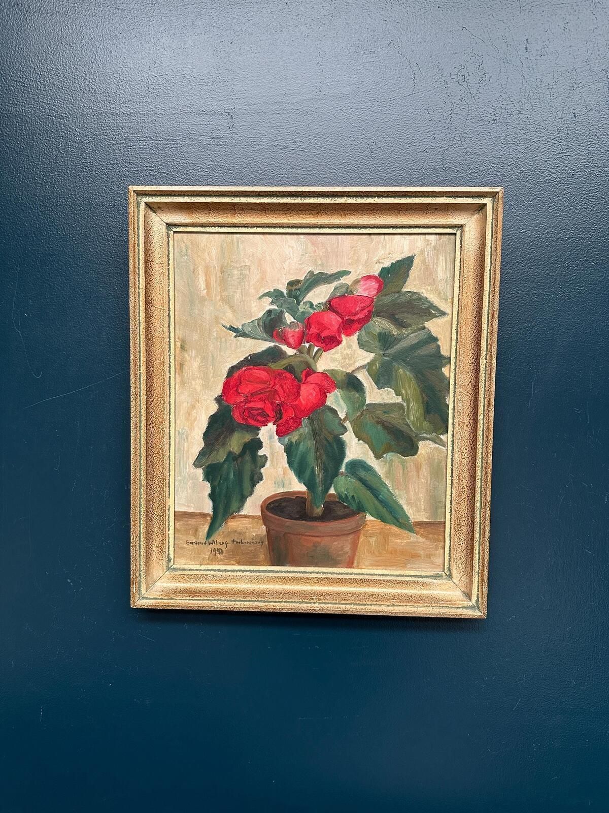 Huile sur panneau d'origine suédoise – « Fleur rouge dans un pot » par ...
