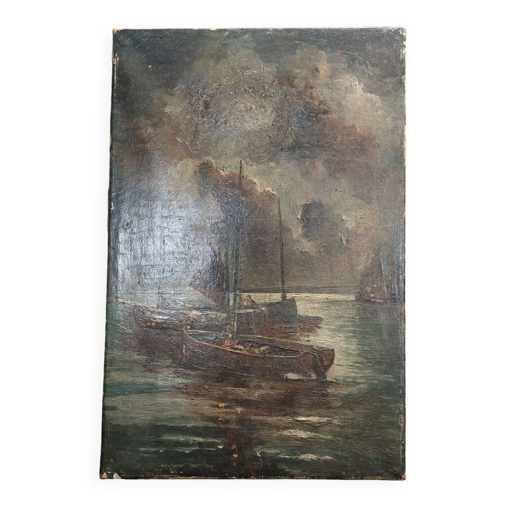 Tableau peinture marine huile sur papier marouflé sur toile début XXème ...
