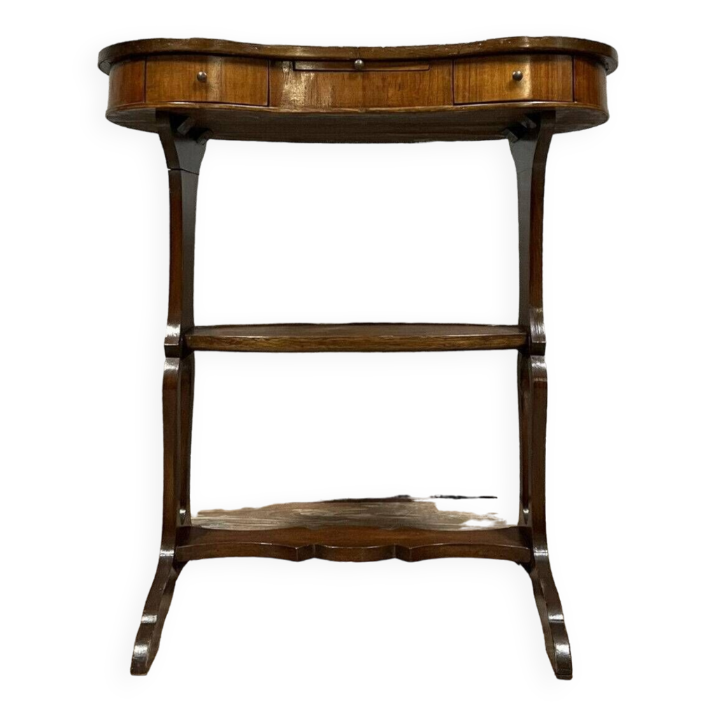 Table d'apparat de forme rognon avec plateau en marqueterie en éventail style Louis XVI vers ...