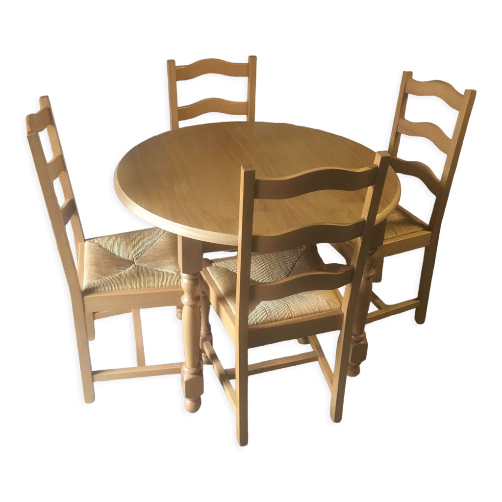 Table ronde & 4 chaises paillées en chêne et hêtre | Selency