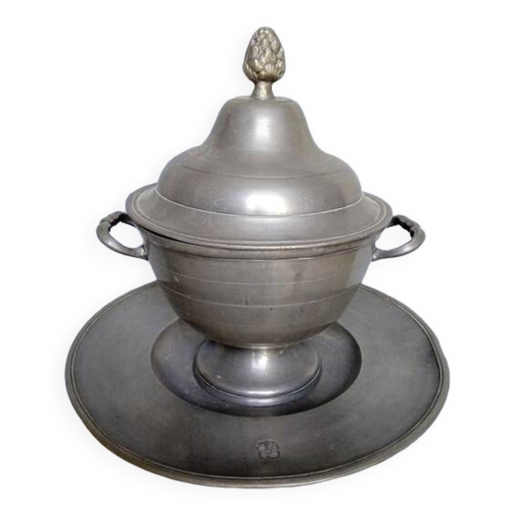 Soupiere en etain + plateau poinçon lion blason | Selency