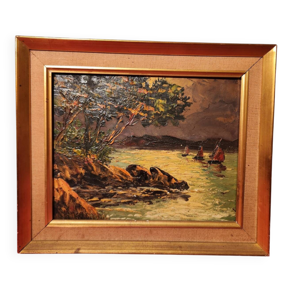 Tableau Paysage méditerraneen bord de mer et bateaux encadré signé | Selency