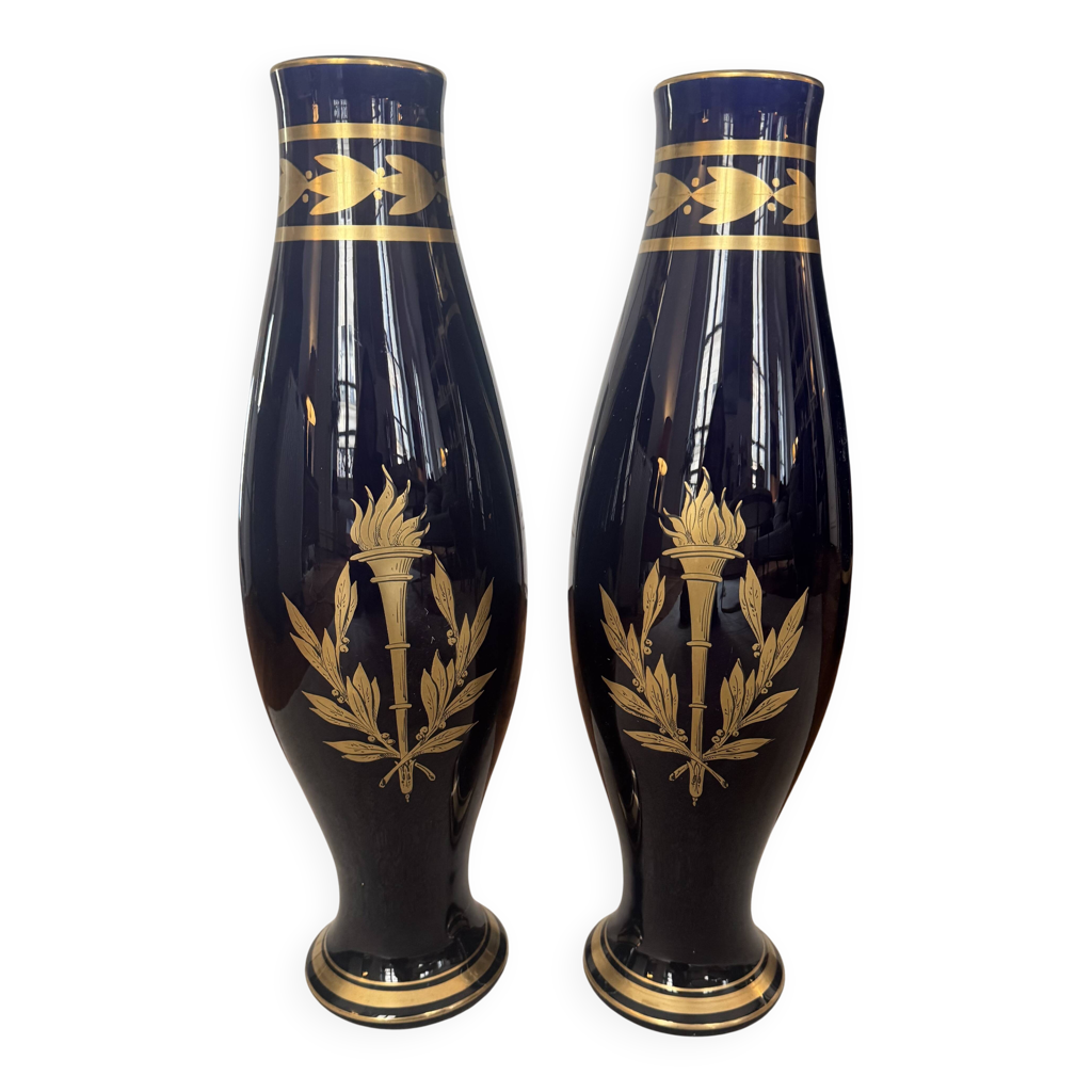 Paire de vases Gustave Asch bleu de Tours – décor Empire doré | Selency