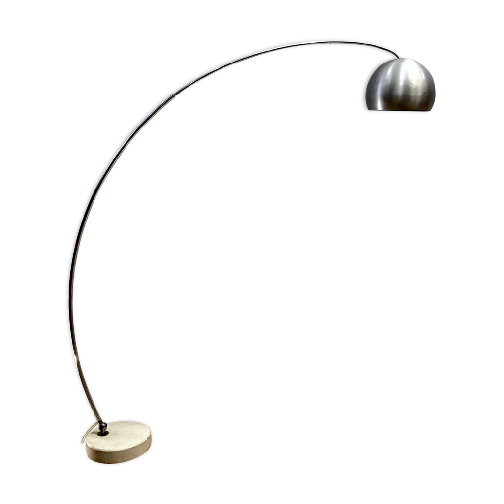 Lampadaire Arco en inox brossé avec le pied en travertin 1970 | Selency