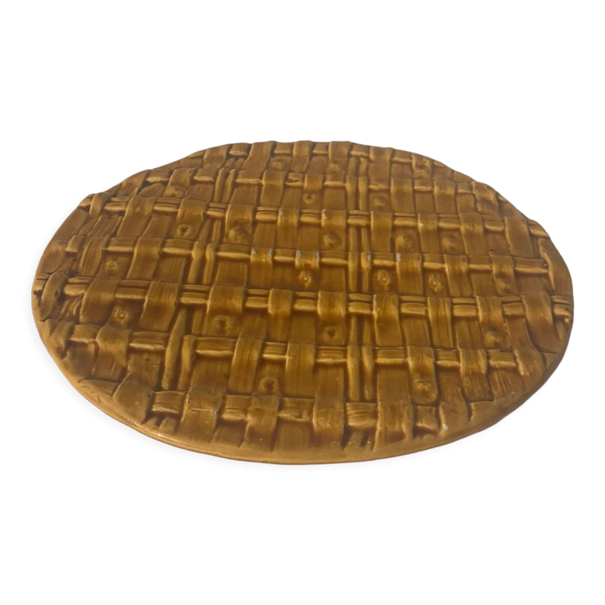 Plateau plat rond en barbotine motif tressage signé FPP Vallauris J19 ...