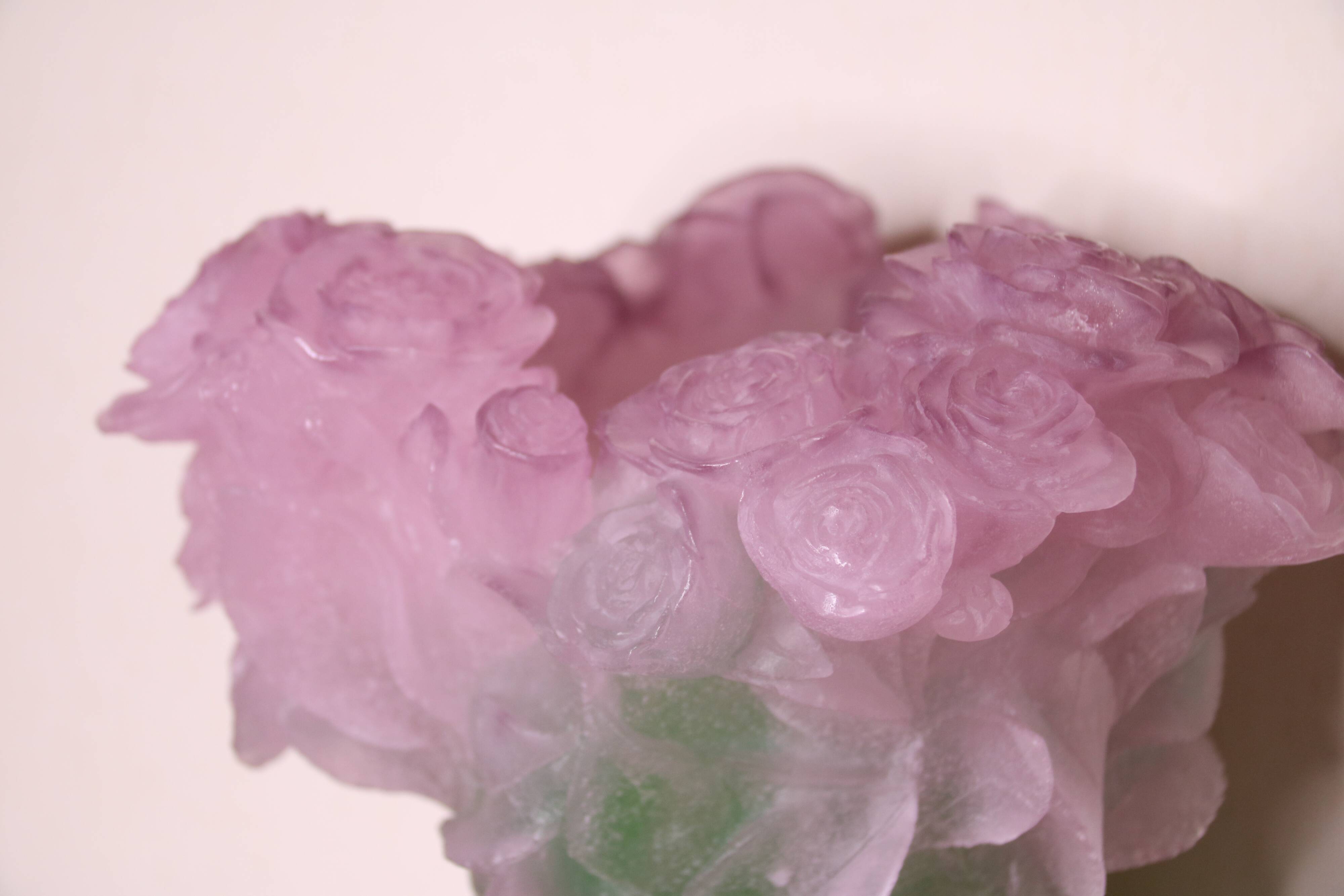 Vase Daum collection roses en pâte de verre rose et vert | Selency