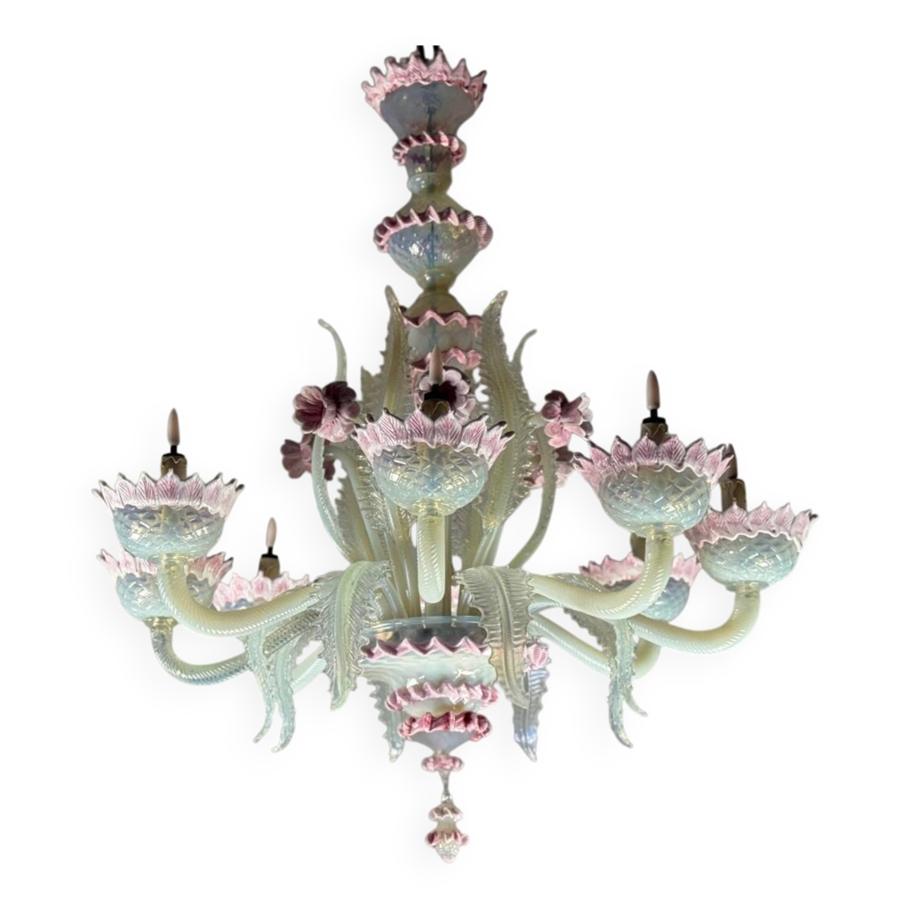 Lustre vénitien en verre de Murano bleu et rose, 8 bras de lumière vers ...