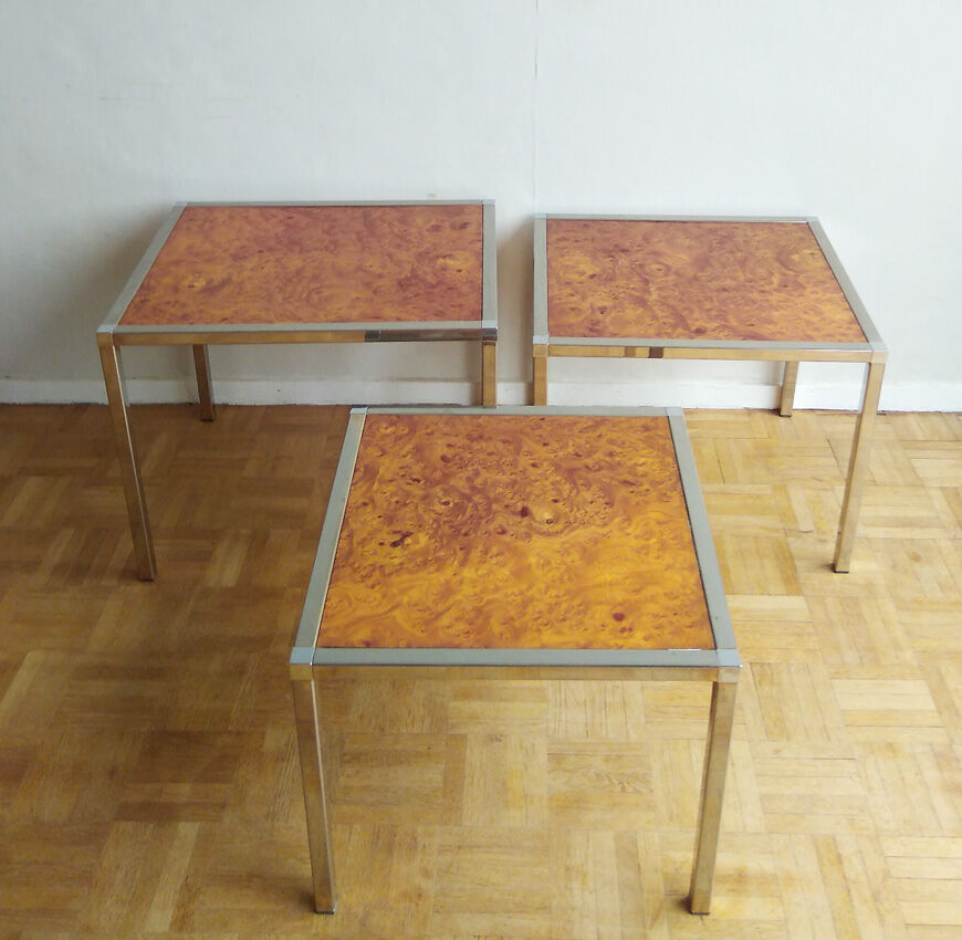 Ensemble de 3 tables basses gigognes loupe d'orme et métal chromé 1970 | Selency