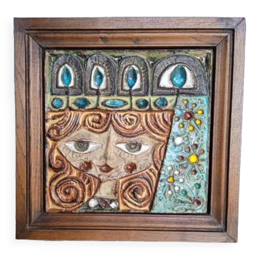 Plaque Roland Zobel visage 27/27cm avec cadre ceramique 1960 | Selency