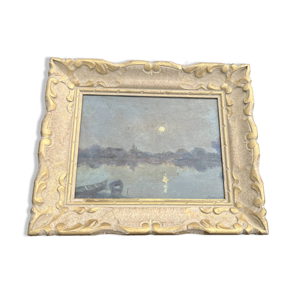 Tableau Ancien - Paysage Nocturne au Bord de l'Eau et Cadre Doré | Selency