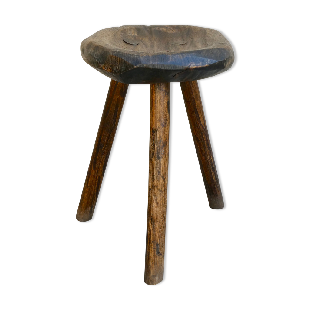 Tabouret tripode en bois massif, travail artisanal | Selency