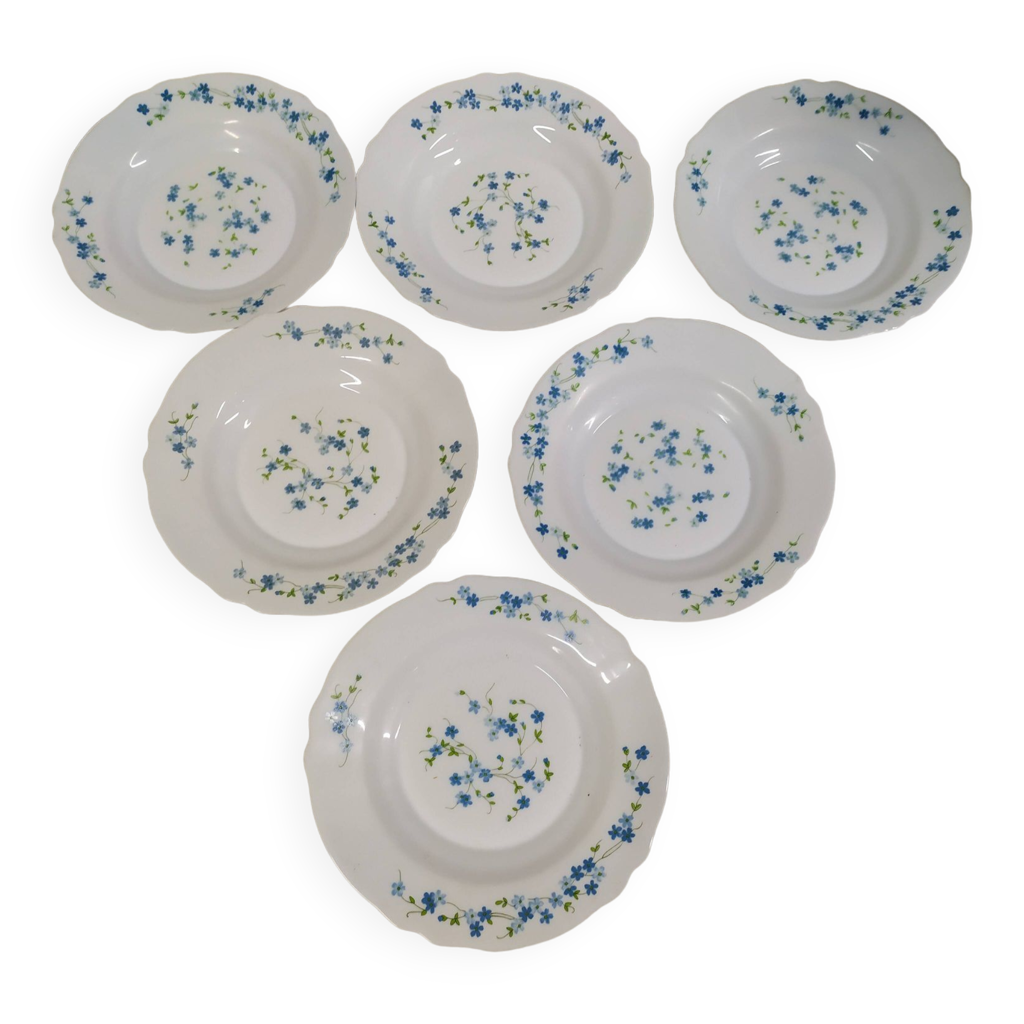 Set of 6 Arcopal Véronica Myosotis vintage blue flower soup plates ...