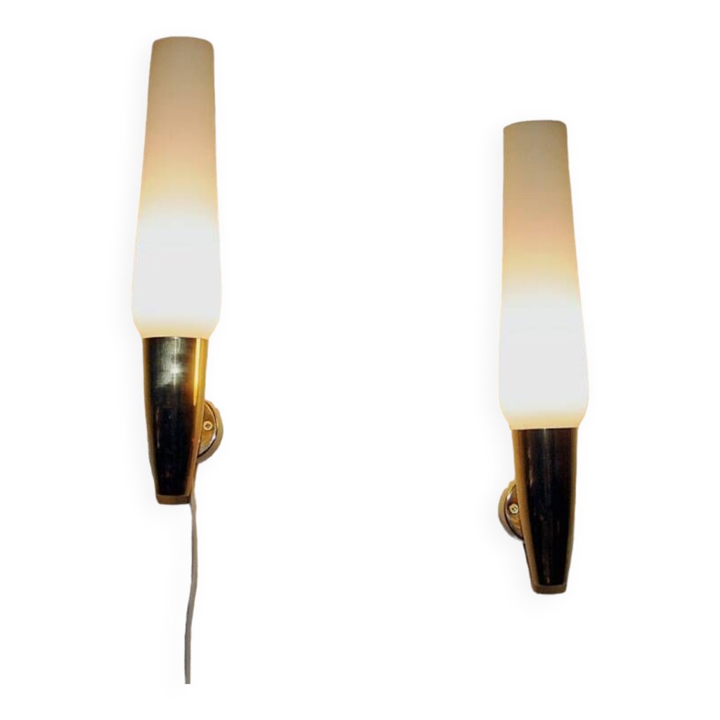 Brass and opaline glass cylindershaped wall lamp pair by Asea - Sweden 1950s | Selency