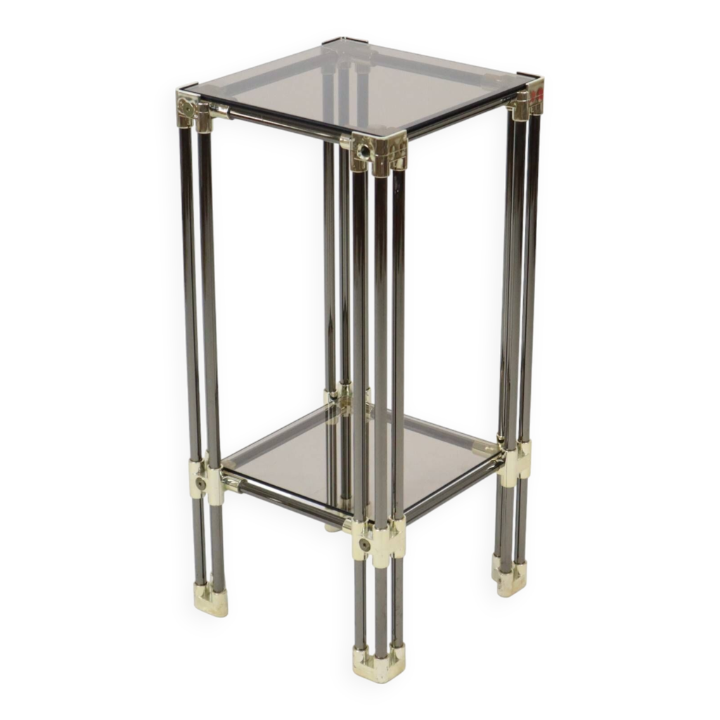 Table d'Appoint Hollywood Regency Table Plante Verre Fumé Chrome Années 1970 | Selency