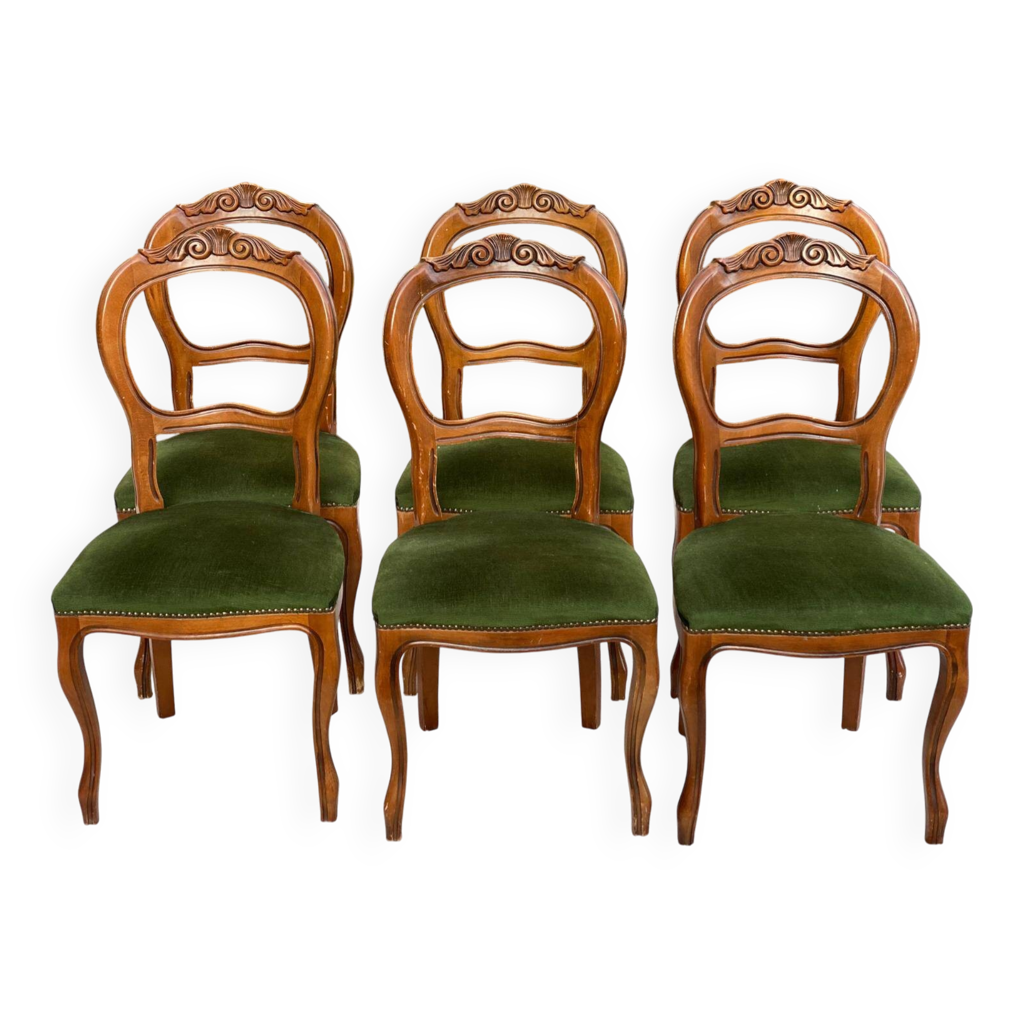 6 chaises Louis Philippe en bois massif merisier et velours vert | Selency