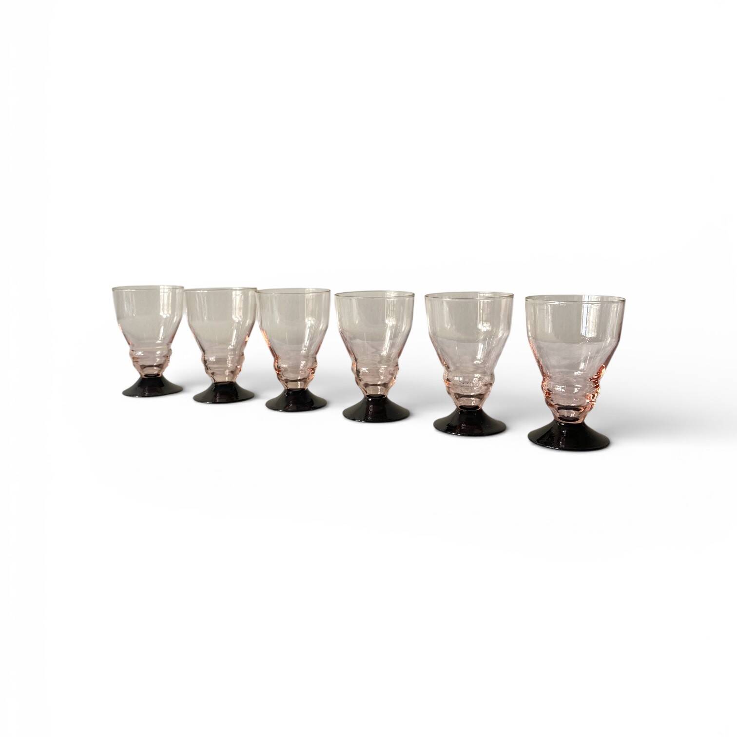 6 petits verres à vin ou à eau art déco rose et pied noir 8 cl | Selency