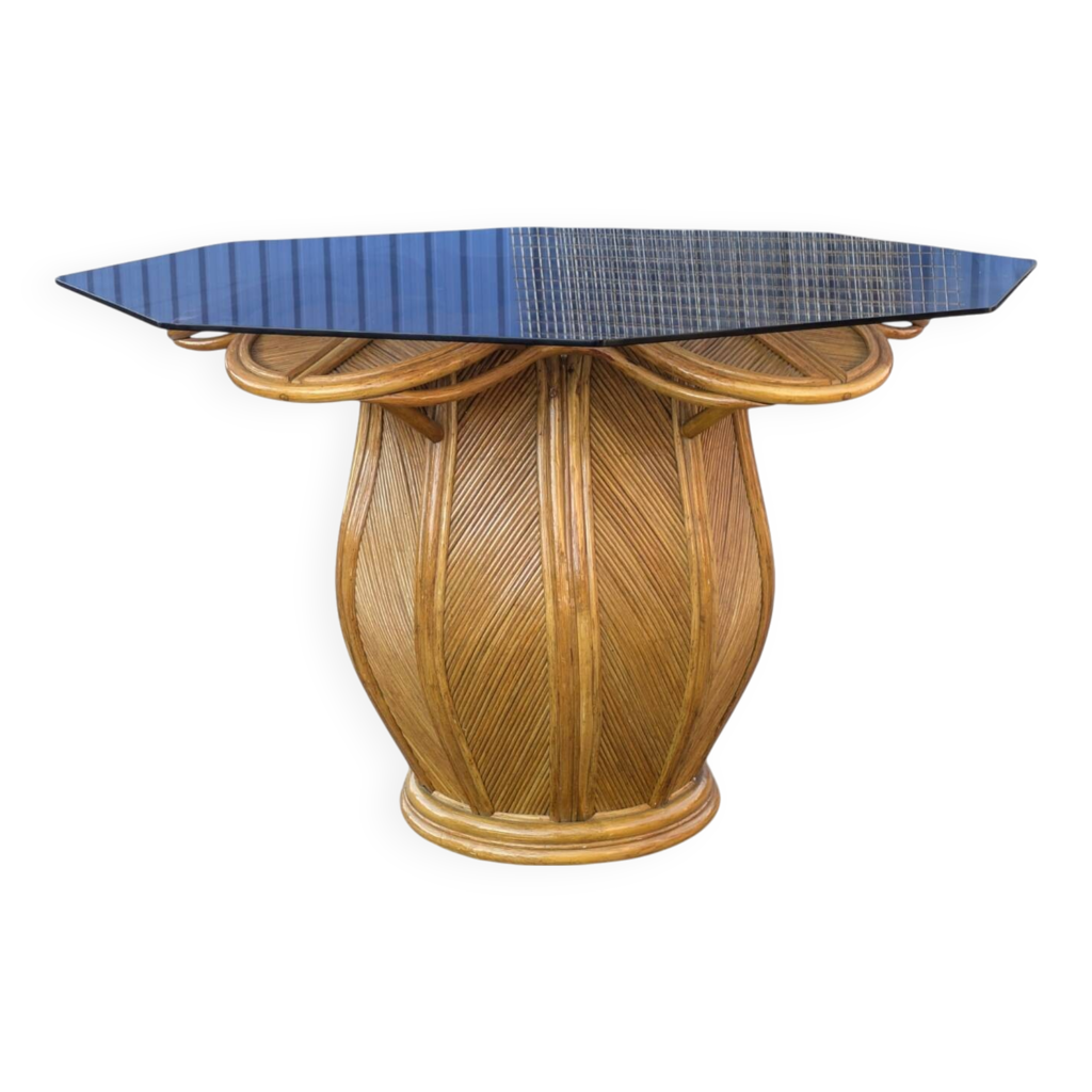 Vintage table Bamboo rattan / smoked glass | Selency