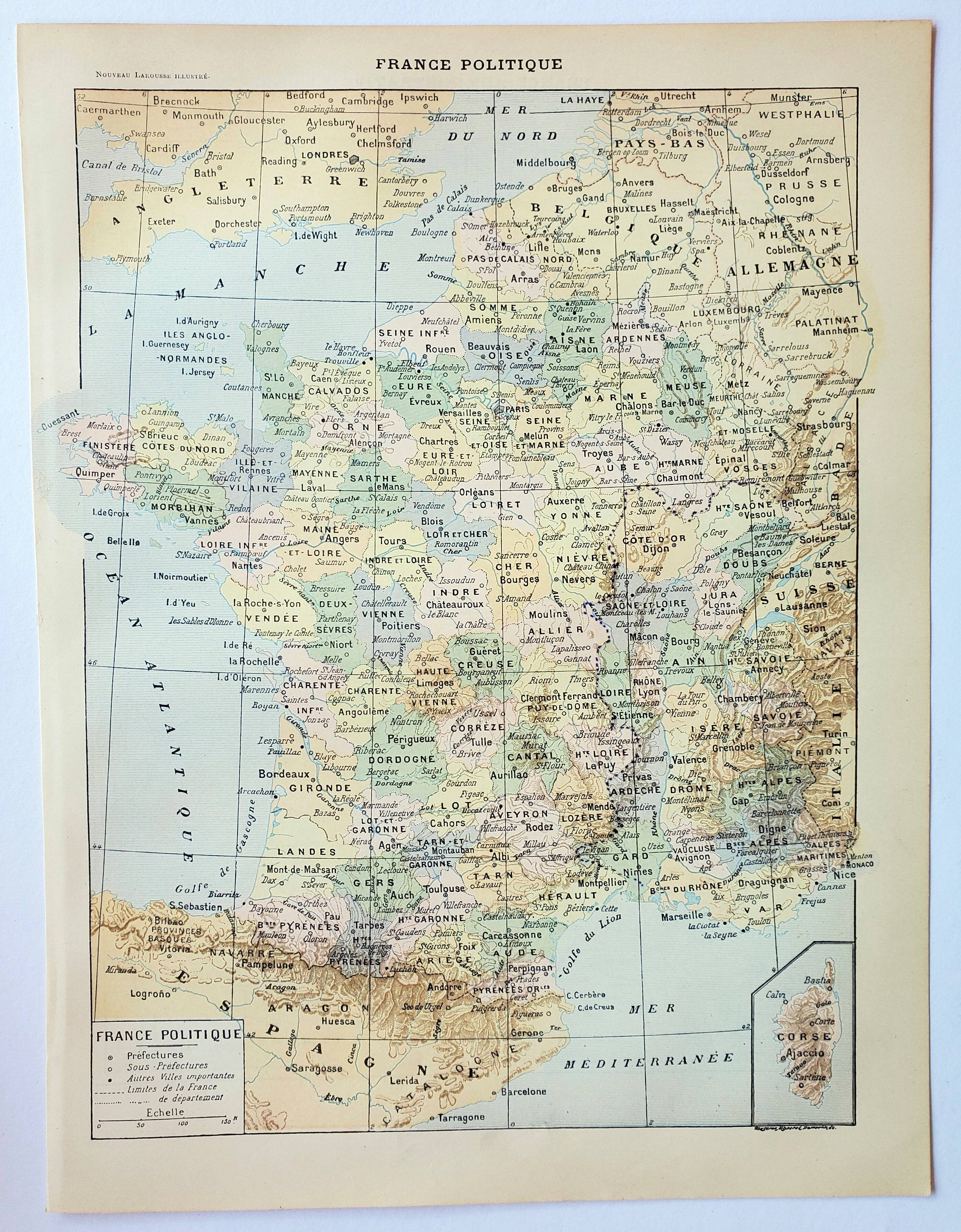 Old engraving 1898, France, map, politics • Lithograph, Original plate ...