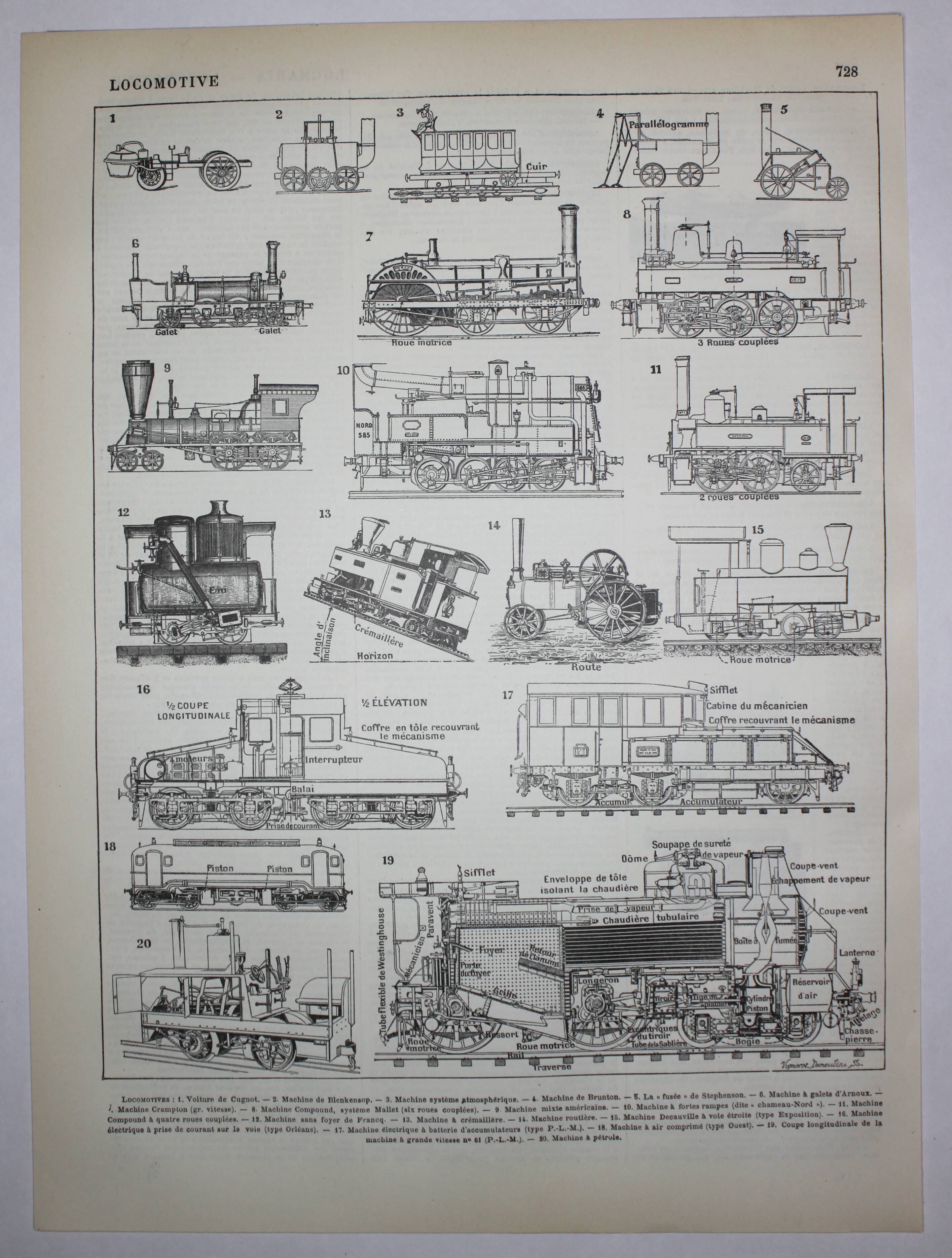 Gravure locomotive ancienne, train, wagon lithographie originale de ...