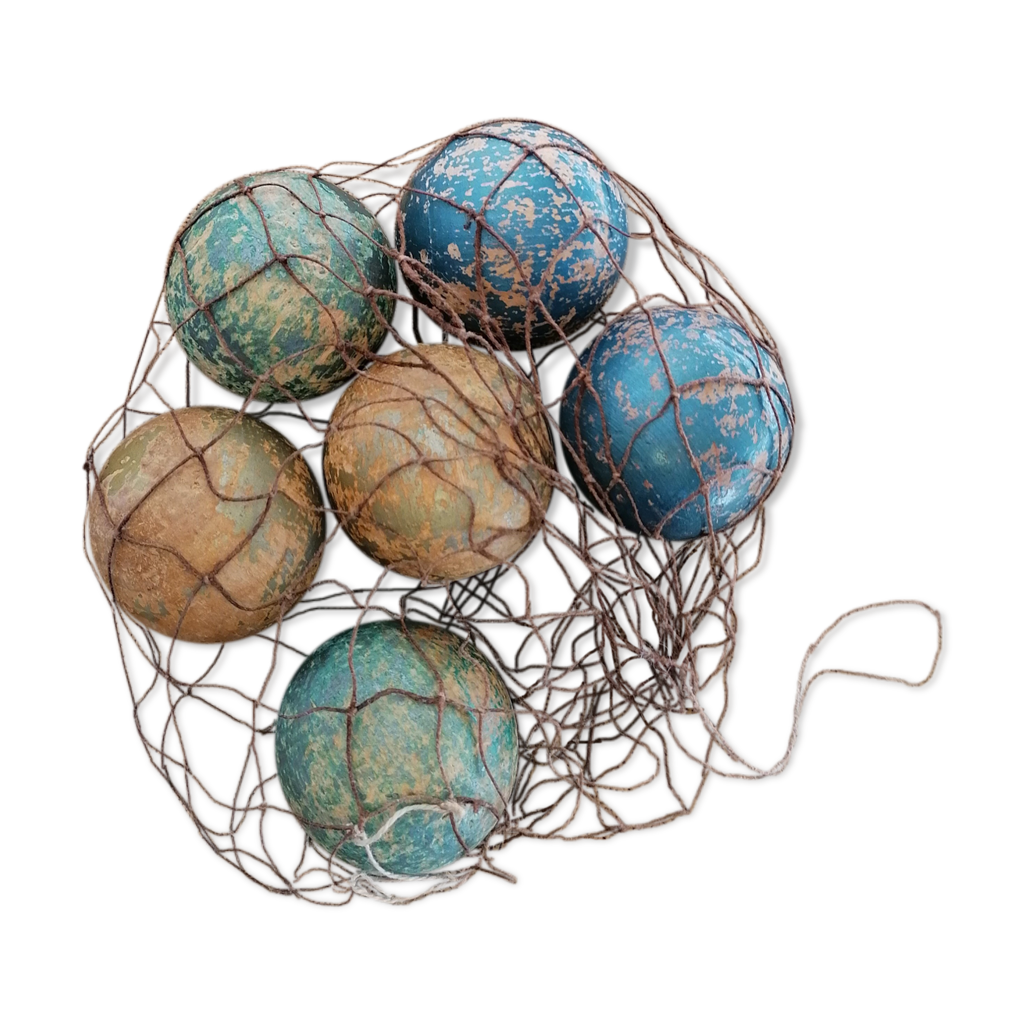 Jeu de boules en bois tourné, pétanque boulingrin primitif, 1900, jeu ...