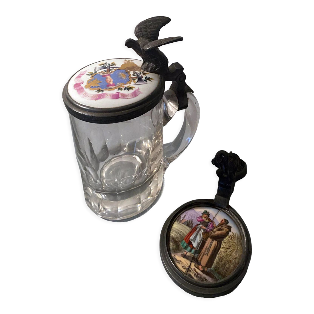 Chope bière verre cristal 1854 Carl Metz Reinhard Hirsch avec aigle ...