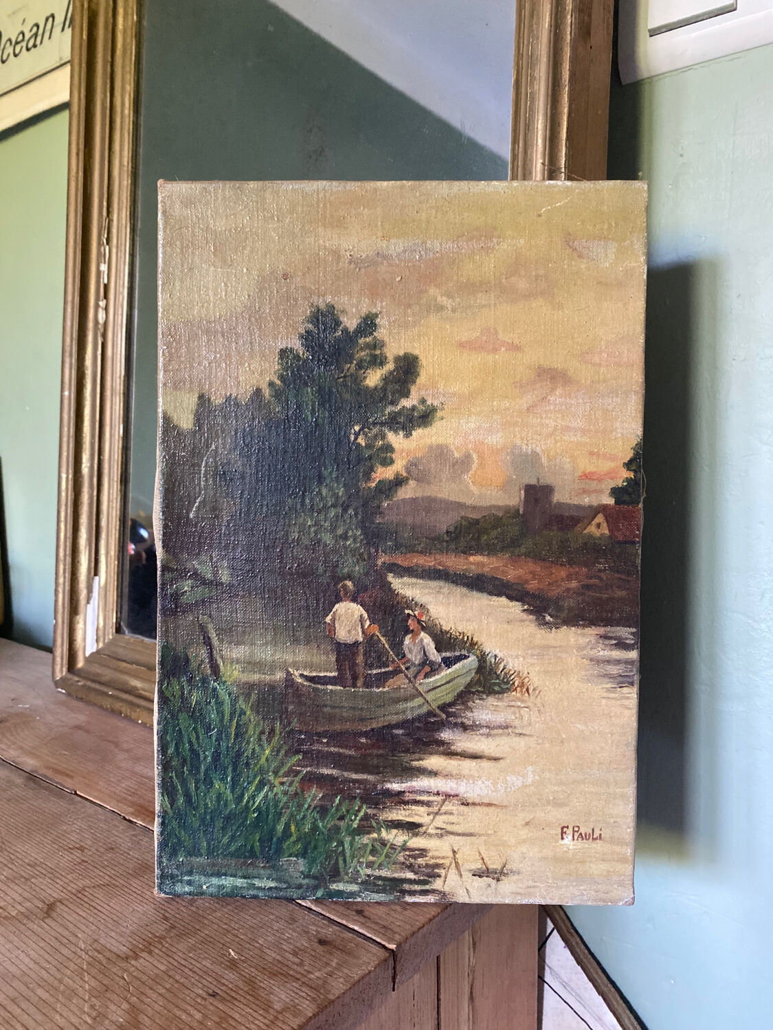 Tableau peinture ancienne barque romantique signée | Selency