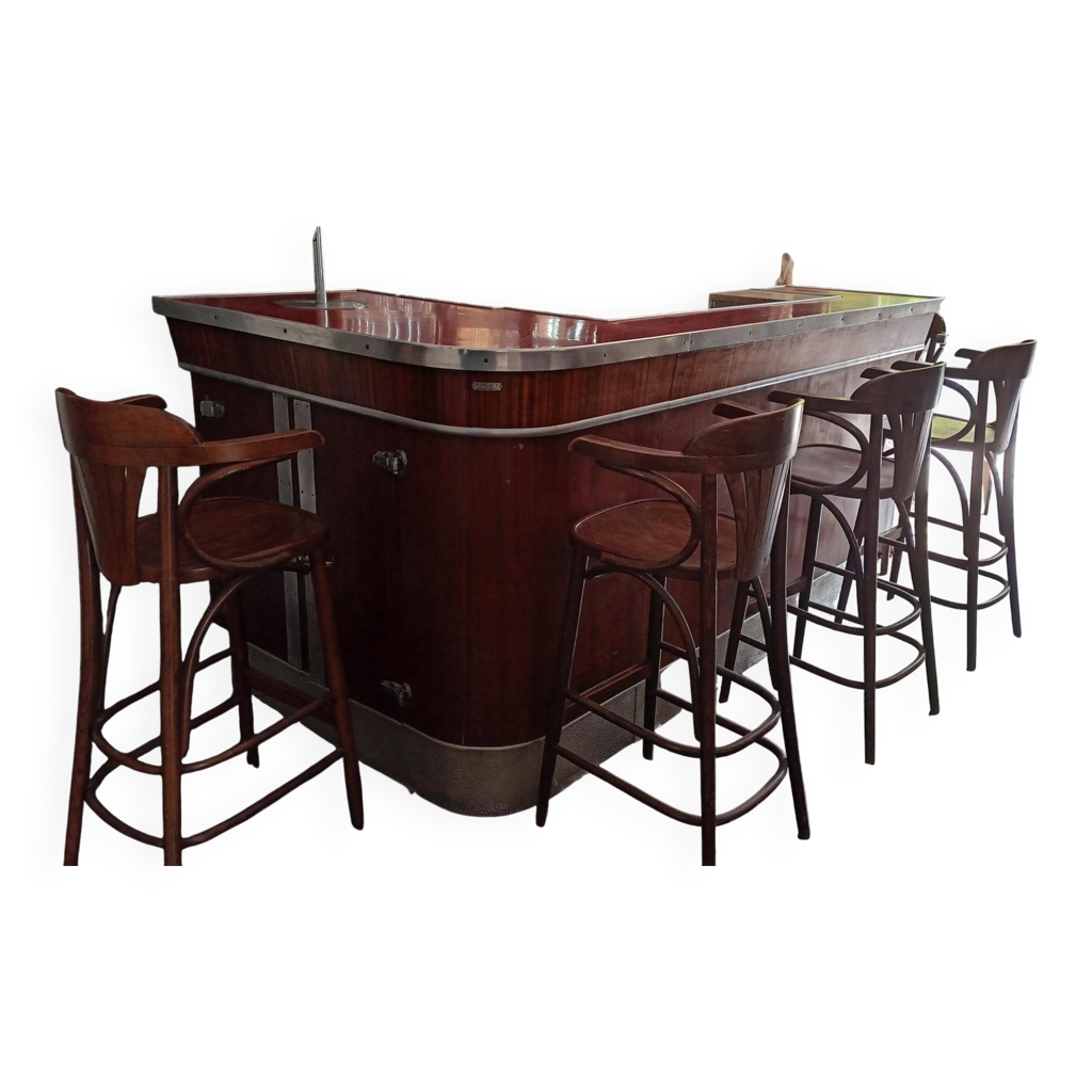 Bar / comptoir avec son verrier et ses 7 tabourets type Baumann | Selency