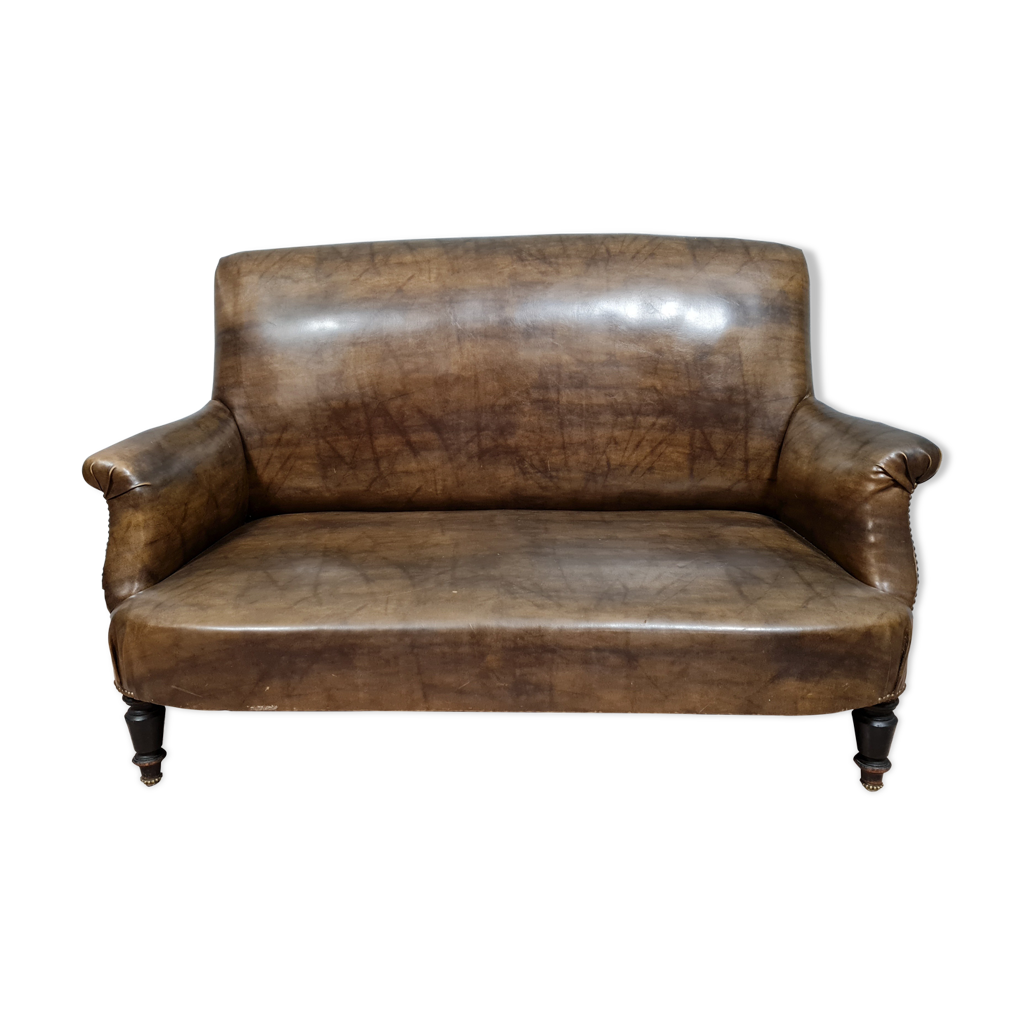 Banquette Chesterfield en cuir brun vers 1920-1940 | Selency