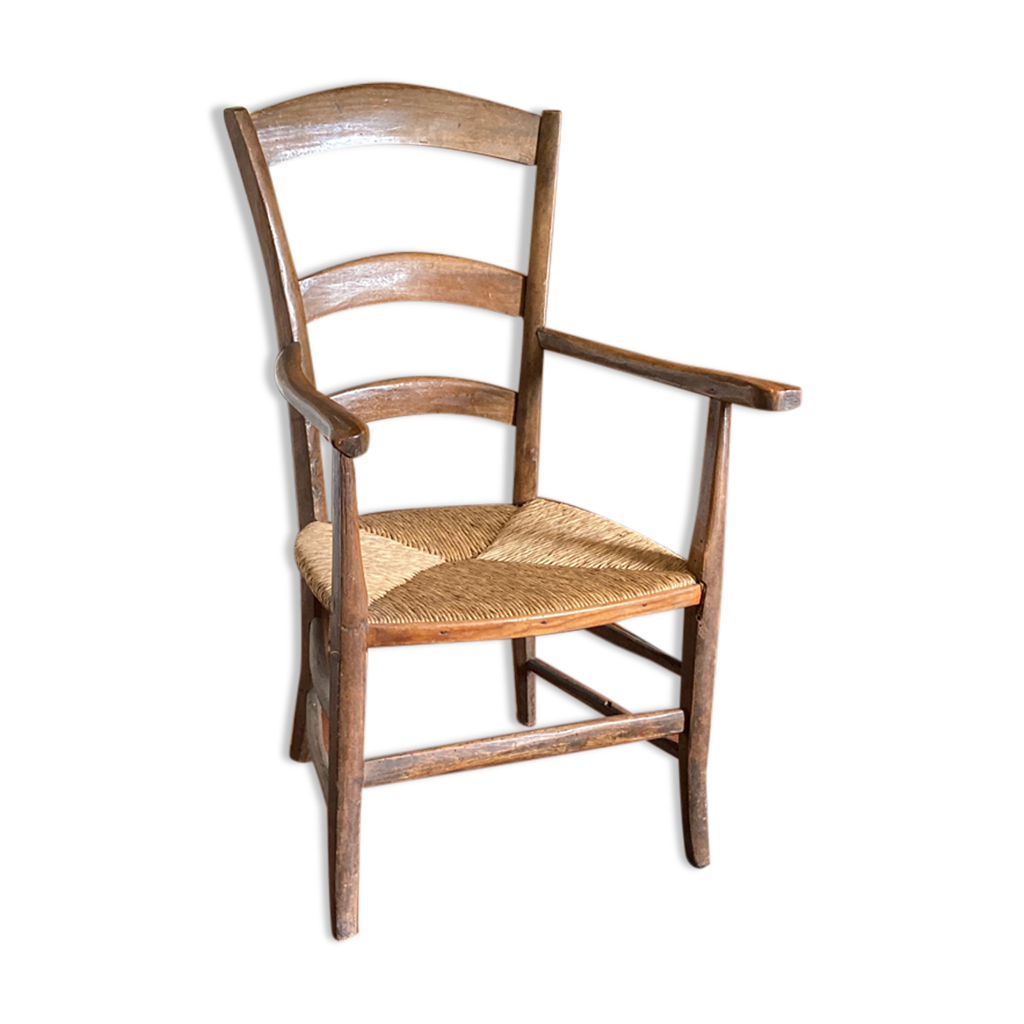 Fauteuil de ferme rustique paillée en bois ancien | Selency