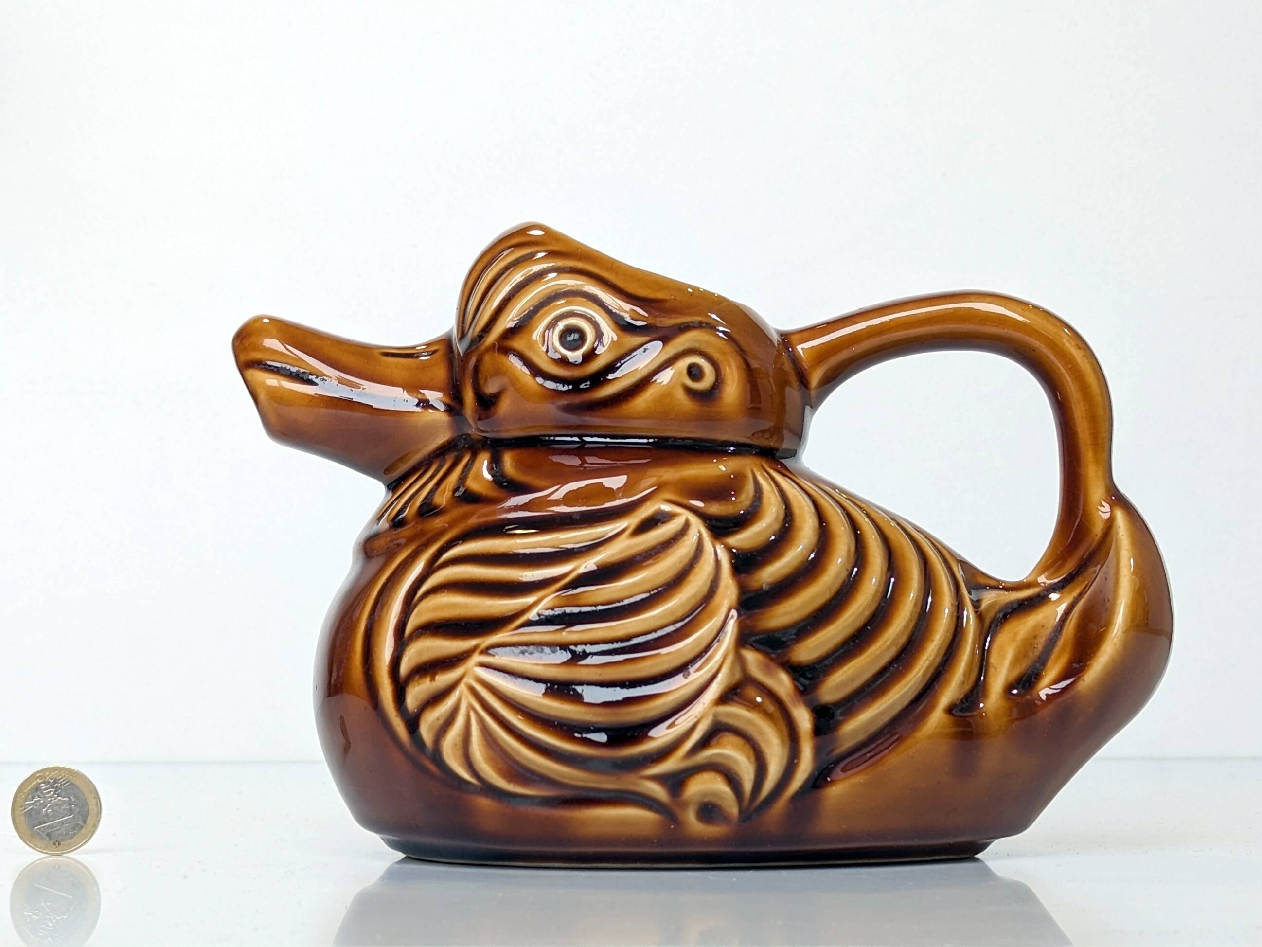 Pichet - vase en forme de canard en barbotine émaillée brillant Sarreguemines. | Selency