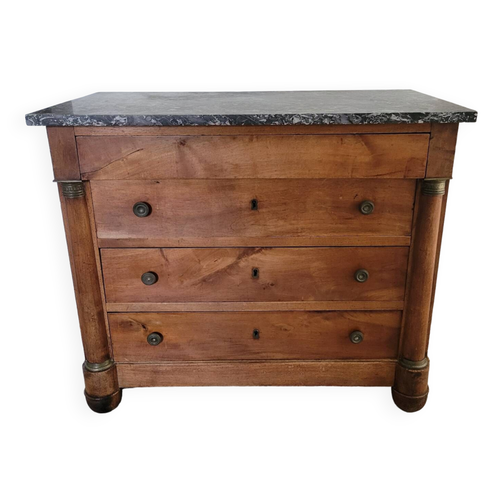 Commode Empire, demi-colonnes, marbre bronze, 4 tiroirs | Selency