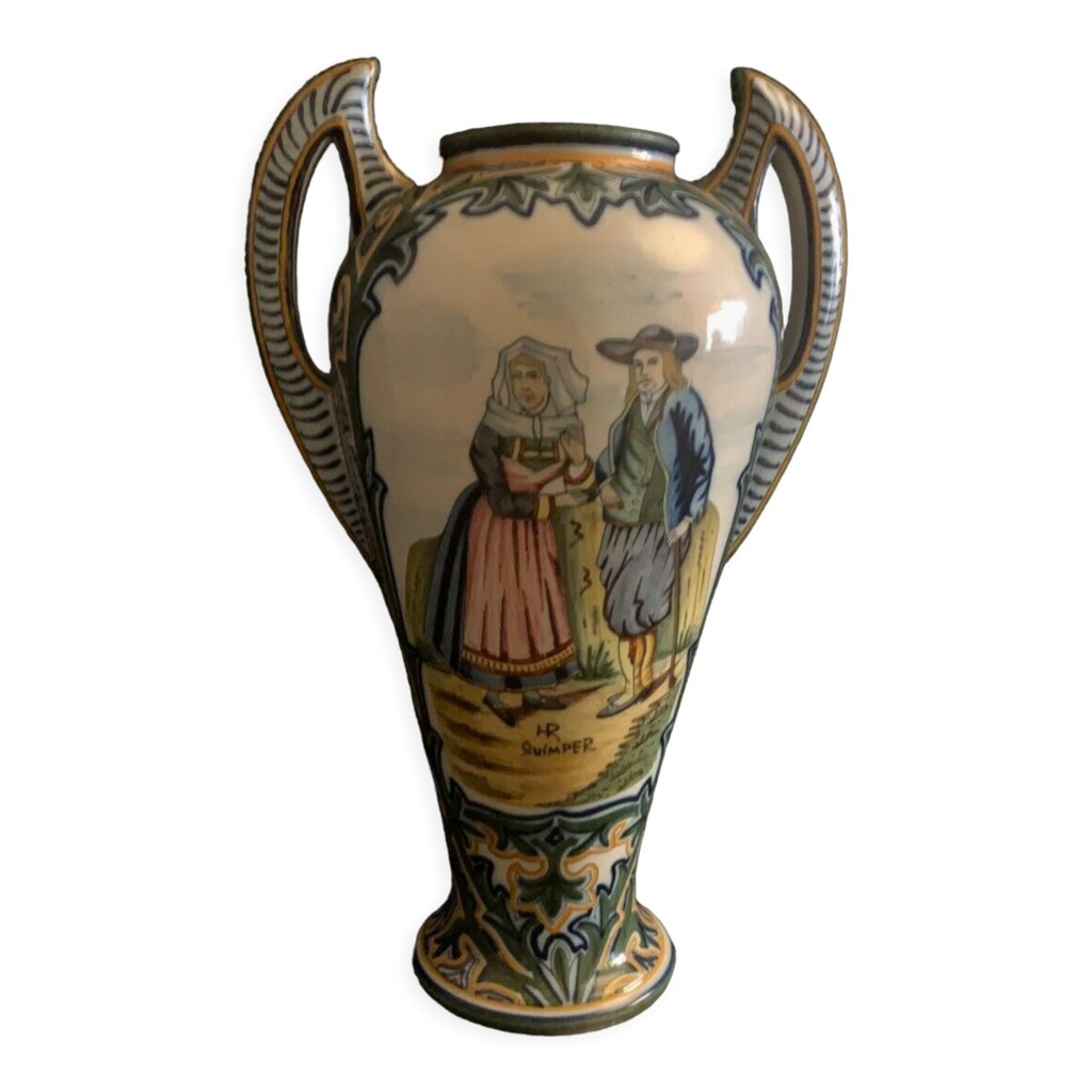 Vase Henriot Quimper, Signé HR, circa 1904-1922, numéroté 13, bretons ...