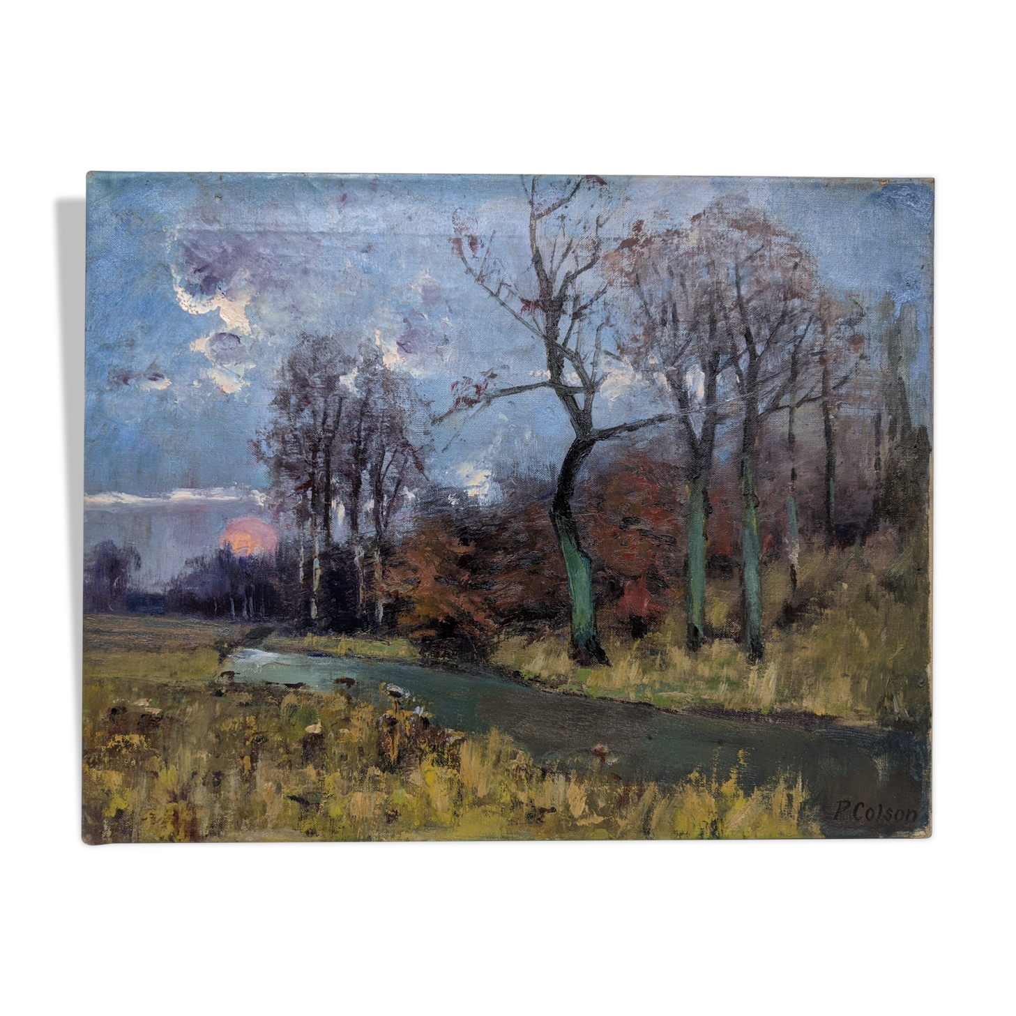 Tableau XXe paysage lacustre coucher de soleil Pierre Colson | Selency