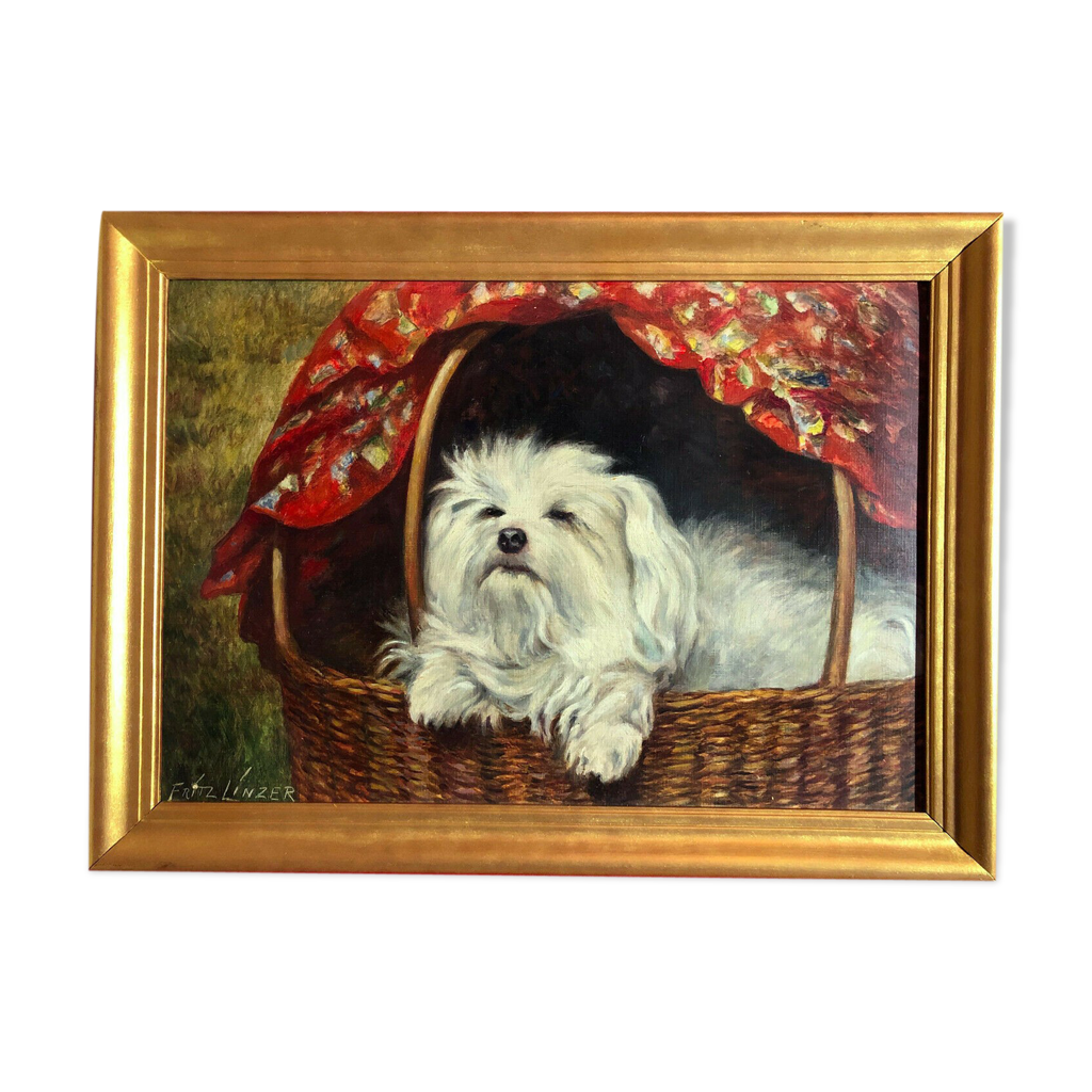 Peinture ancienne représentant un charmant portrait de chien du peintre ...