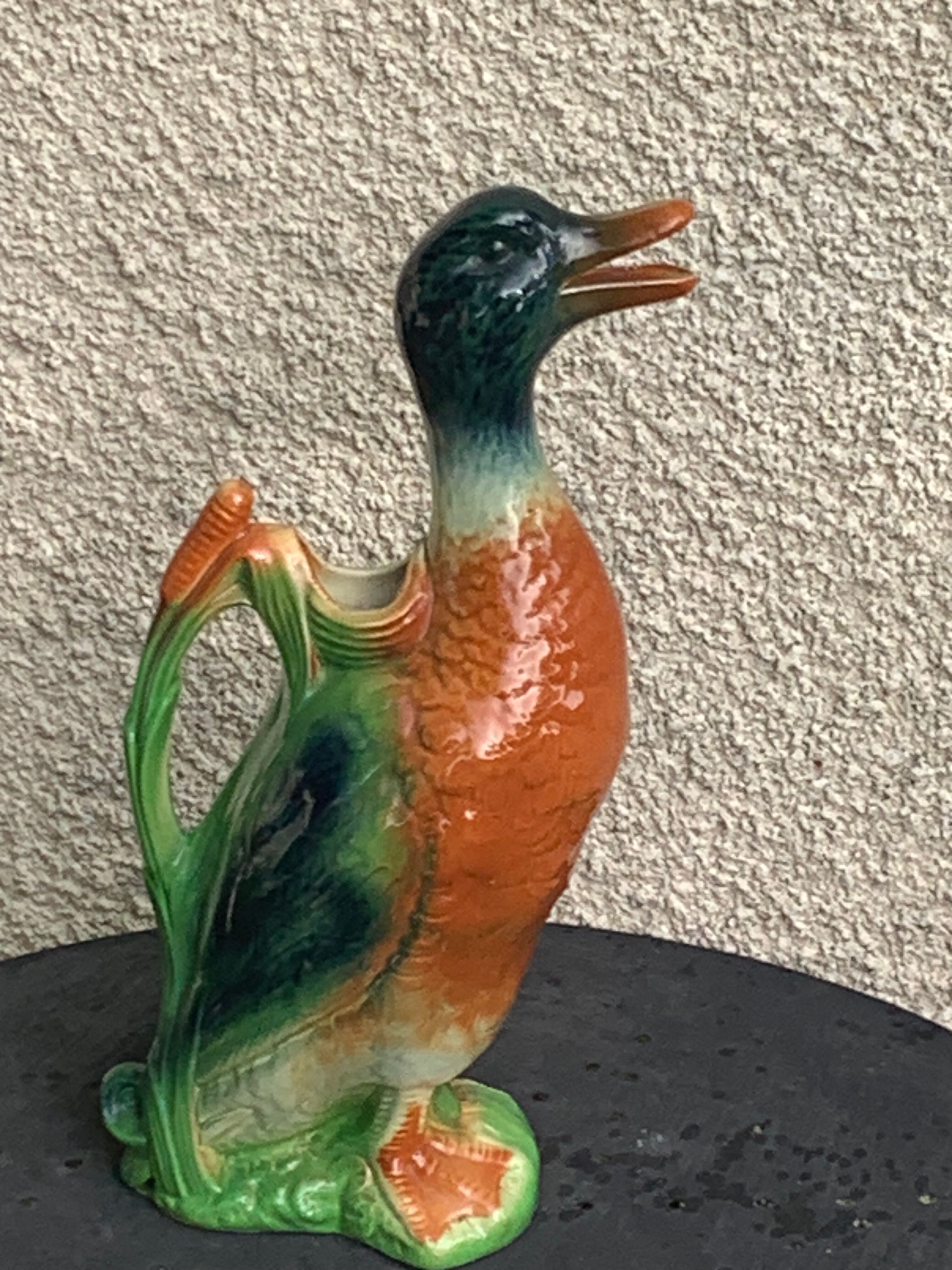 Pichet, cruche canard en barbotine, ceramique émaillée, estampillé ...