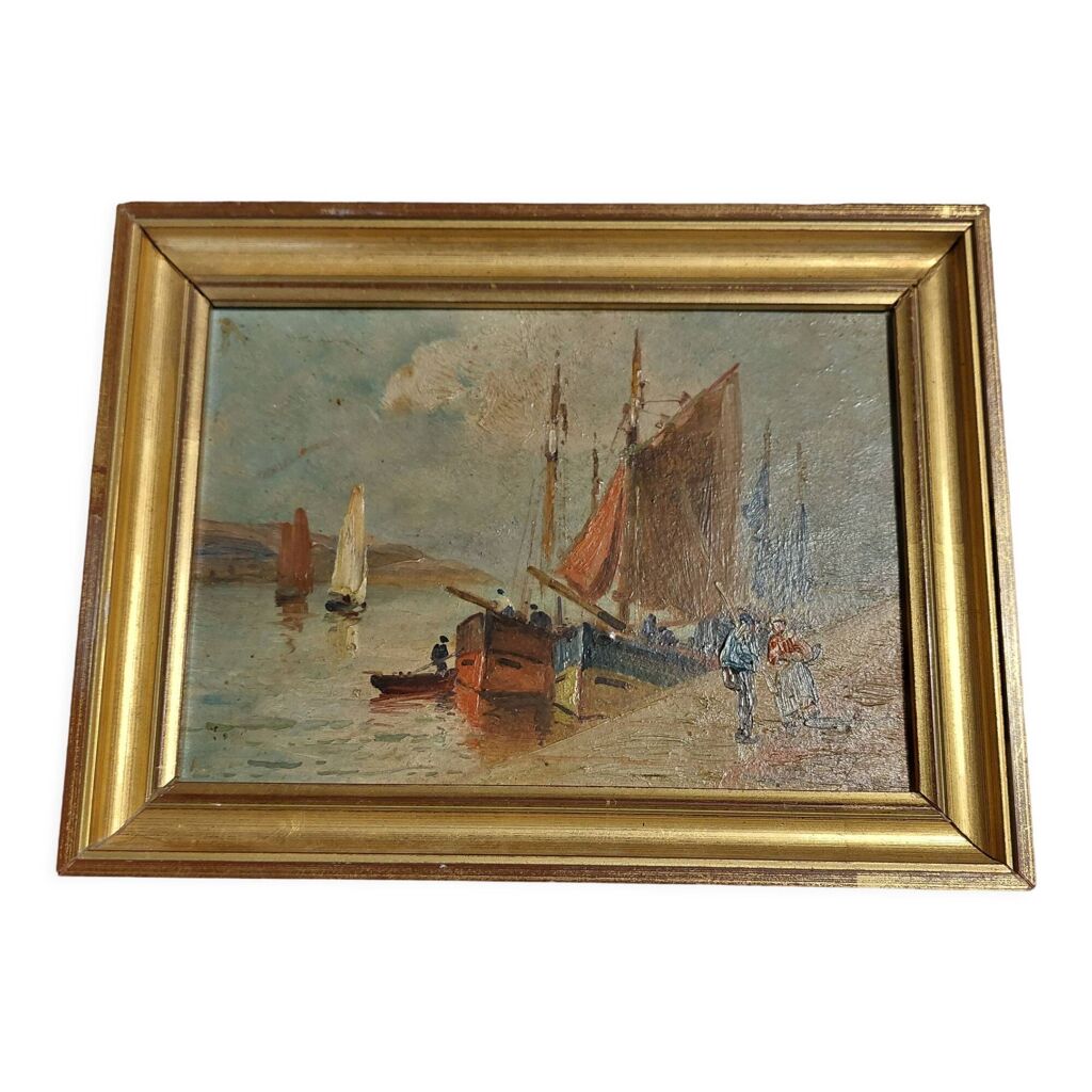 Tableau marine peinture à l'huile sur carton signature à déchiffrer ...