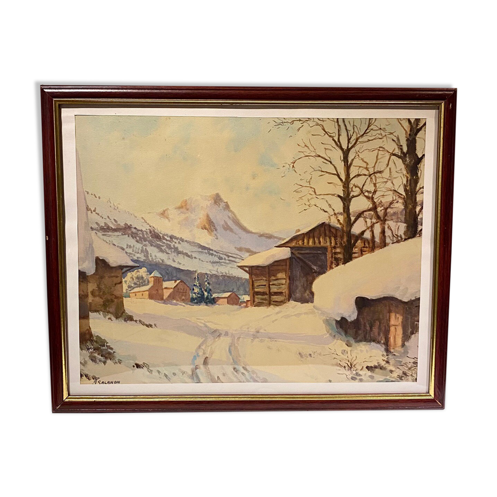 Tableau ancien, paysage de neige signé Salanon milieu du XX siècle | Selency