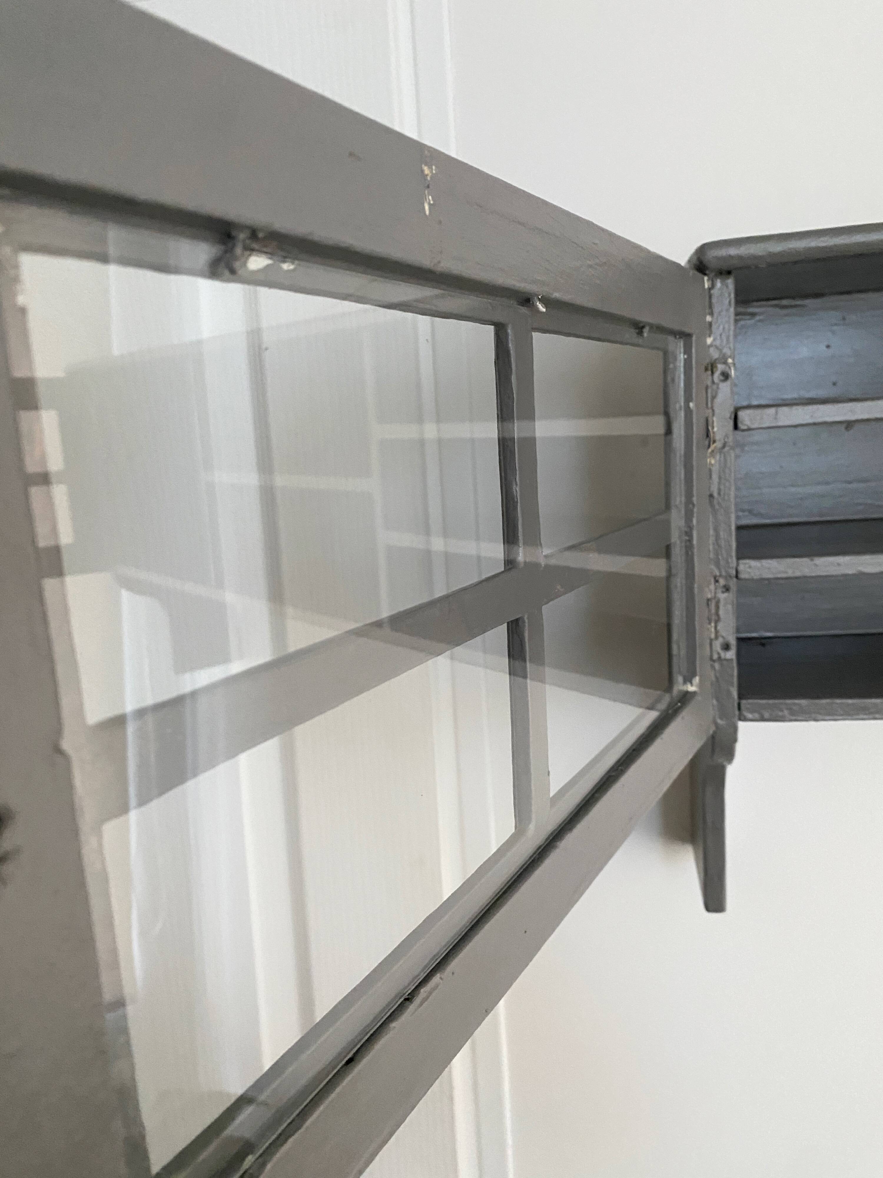 Shelf vintage wall display cabinet with two glass doors painted gray ...