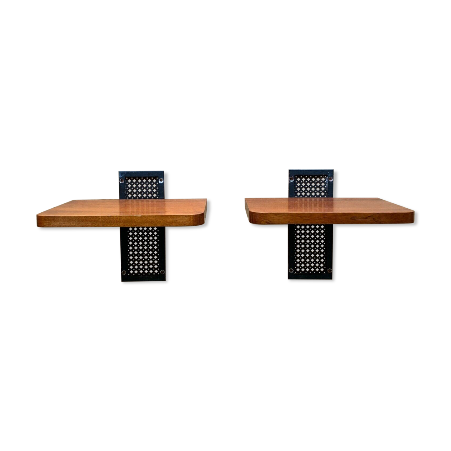 Paire d etageres ou de consoles 1960 bois et metal perfore design | Selency