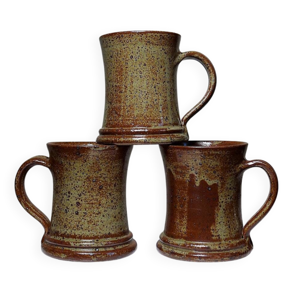 Trio de chopes à bière ou à cidre en grès pyrité artisanal vintage ...