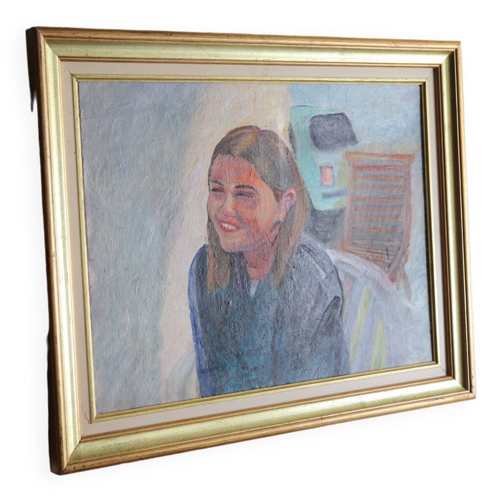 Huile sur toile jeune fille rieuse | Selency