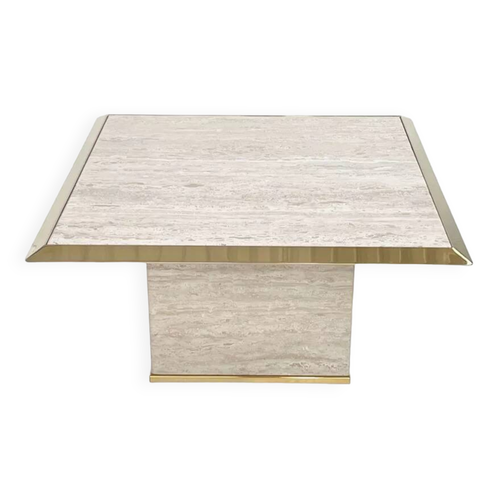 Table basse carrée des années 70 en travertin et laiton | Selency