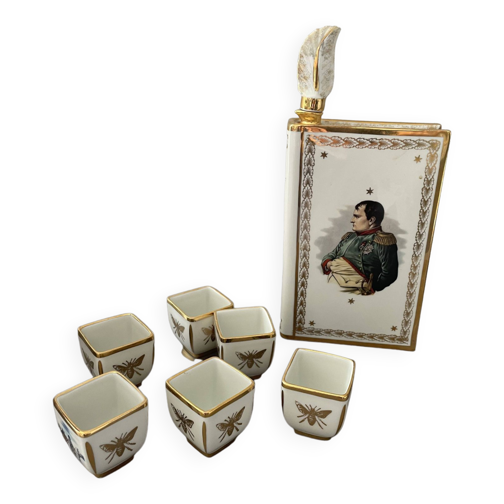 Service à cognac, Napoléon, porcelaine de Limoges, 6 verres, carafe ...