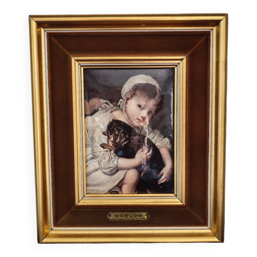 Petit tableau ancien en émaux "enfant au chien" de Greuze | Selency
